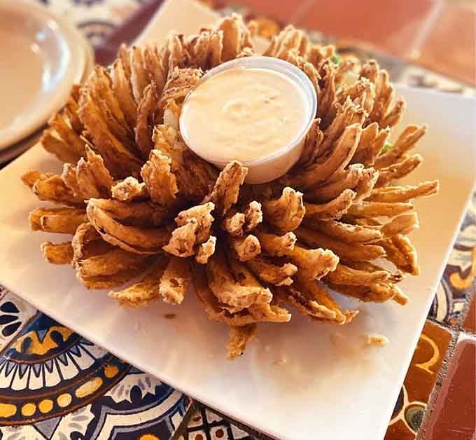 The blooming onion here looks like edible art, crispy petals of golden perfection begging to be shared.