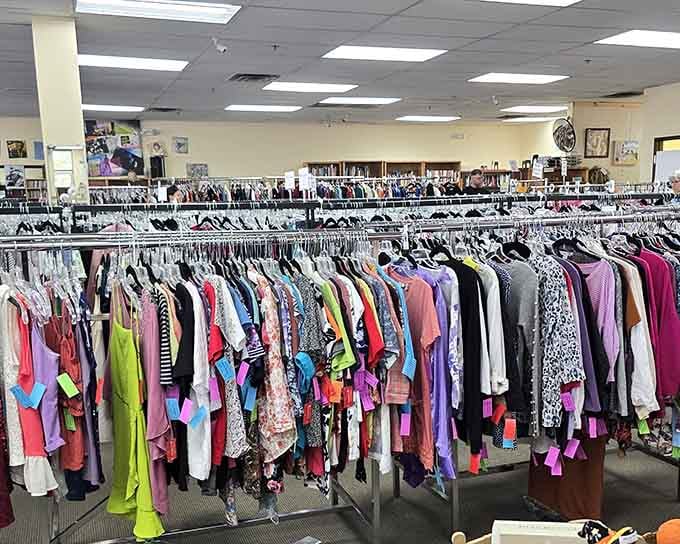 Rows of colorful clothing organized by size prove that bargain hunting doesn't require an archaeology degree anymore.