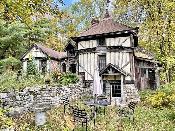 Tudor-style cottage vibes meet castle courtyard, because why choose one architectural fantasy when you can have both?