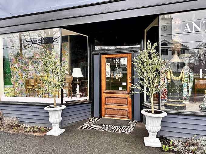That zebra print doormat and topiary sentries announce this isn't your grandmother's stuffy antique shop, it's way cooler.