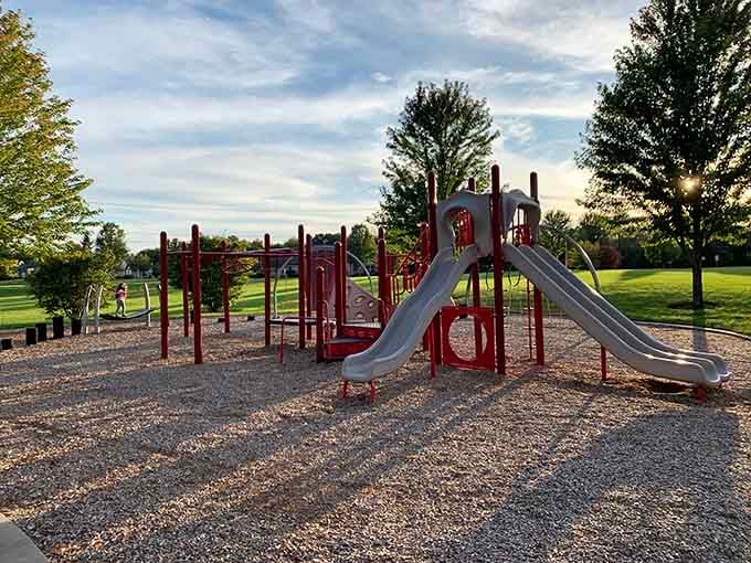 Real playground equipment where kids can actually play, not just stand around looking at their phones for once.