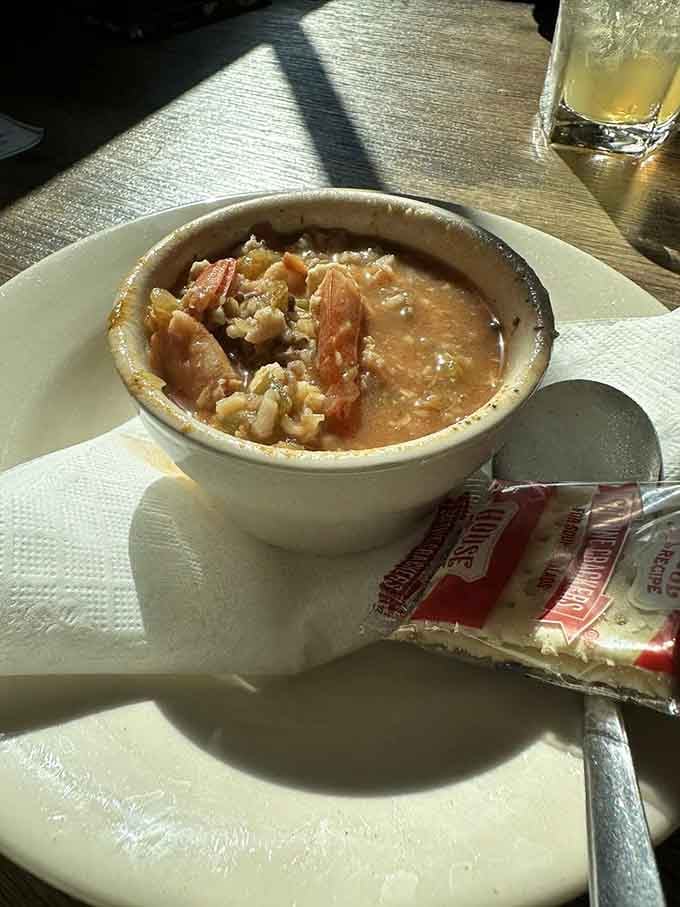 Seafood gumbo loaded with shrimp arrives steaming hot, ready to warm you from the inside out on any day.