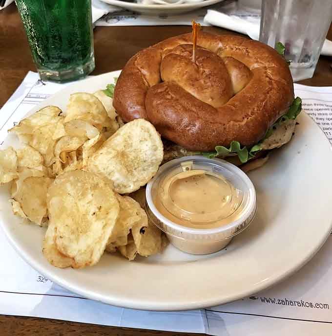 That pretzel bun chicken sandwich comes with chips and looks like lunch done right, no apologies needed for carbs here.