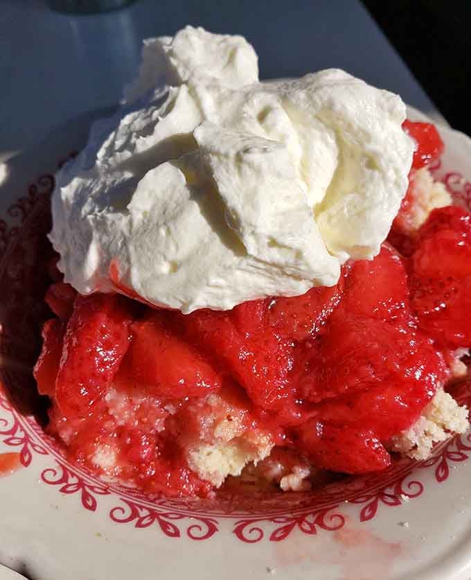 Strawberry shortcake piled high with whipped cream, because subtlety has no place in proper diner desserts.