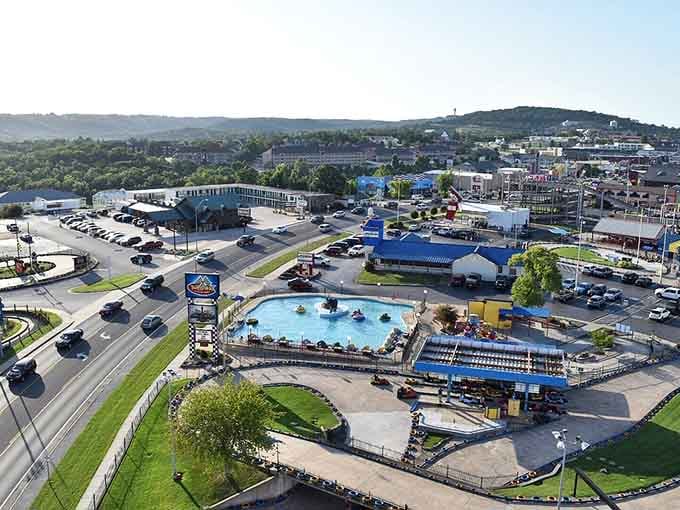 Branson's entertainment district buzzes with activity, offering mini-golf, go-karts, and family fun against the beautiful Ozark Mountain backdrop every single day.