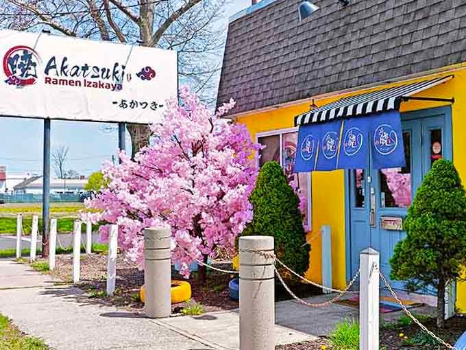 Cherry blossoms frame this authentic ramen shop like a scene from your favorite Studio Ghibli film come to life.