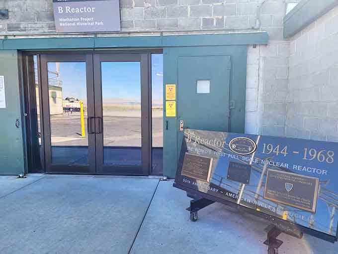 The B Reactor entrance stands as a monument to scientific achievement that literally changed the course of human history.