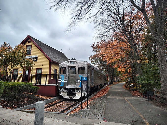 Autumn leaves carpet the ground as a vintage silver car rests beside Bedford's beautifully preserved yellow depot building.