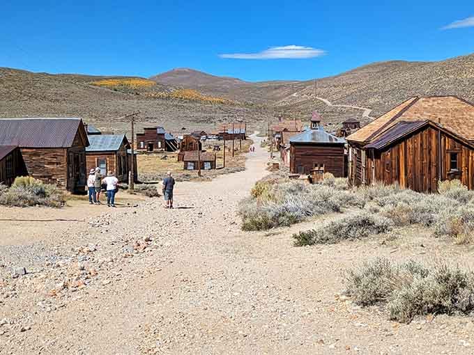 Weathered wooden buildings line dusty streets where tumbleweeds have replaced the gold rush crowds of yesteryear.