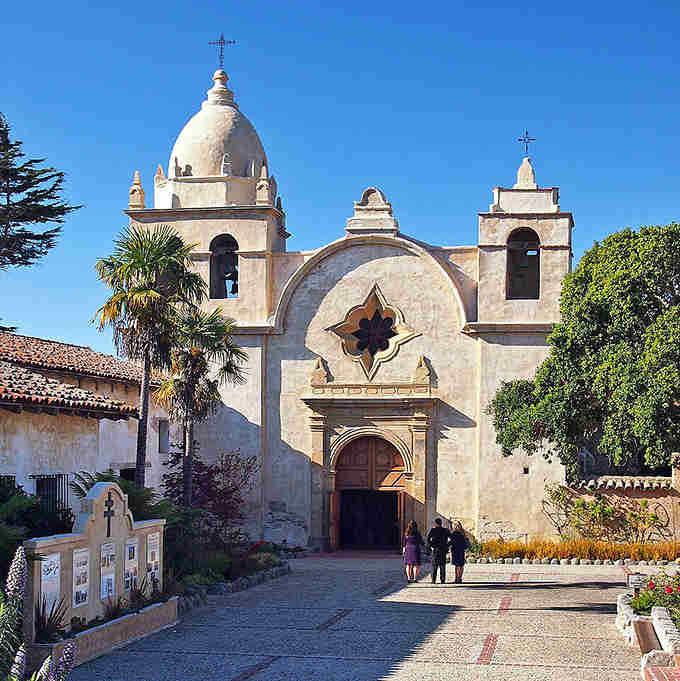 The mission's weathered stone facade and graceful bell towers stand as beautiful reminders of California's rich Spanish colonial heritage.