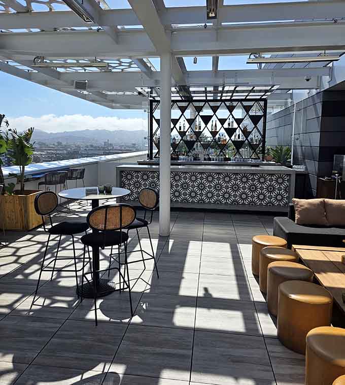 That patterned bar front is pure eye candy against mountain vistas and California blue skies.