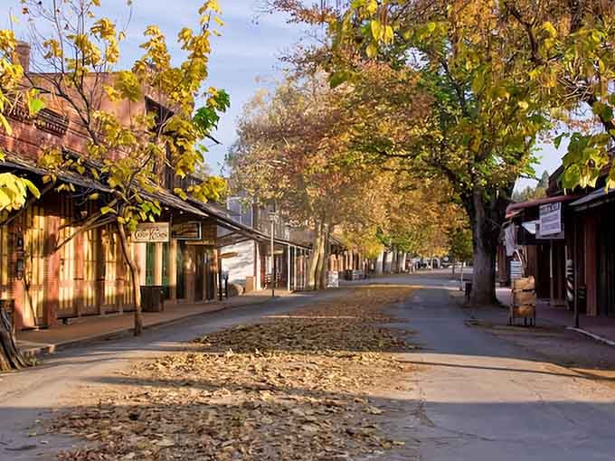 Fallen leaves carpet this car-free street where Gold Rush buildings stand guard like patient sentinels from California's wild past.