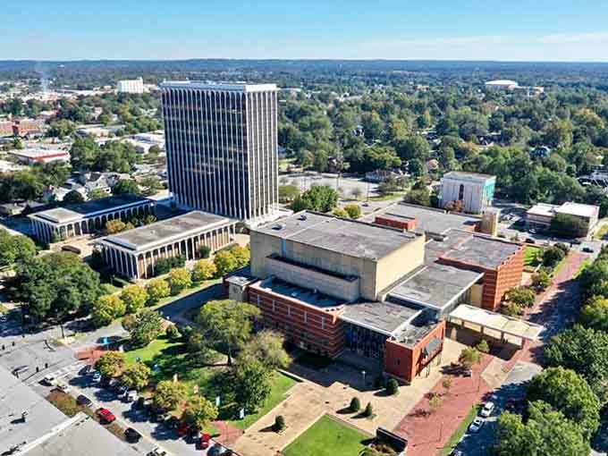 The civic center complex rises above tree-lined streets, proving small cities can offer big-city cultural experiences.