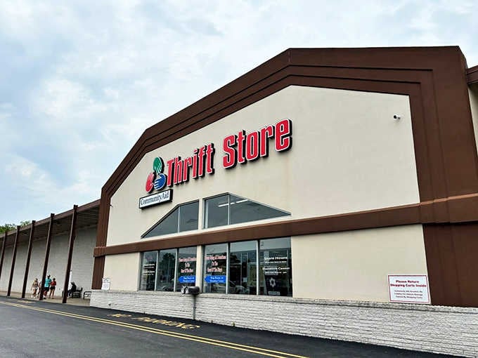 The modern facade with its distinctive arch welcomes shoppers like an invitation to a treasure hunt party.