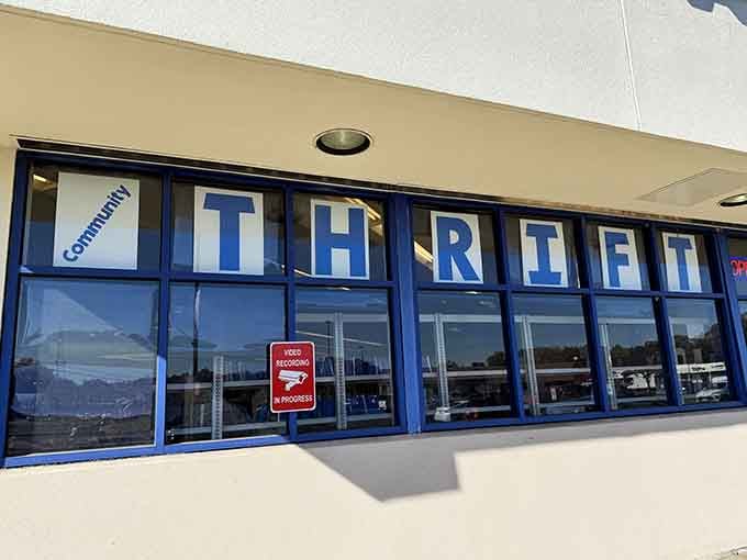 Bold blue letters spell out bargains galore at this community-focused thrift store where everyone's welcome to hunt for deals.