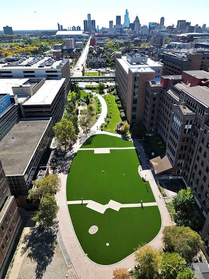 That putting green nestled between buildings proves Farmington Hills knows how to mix urban living with unexpected recreational fun.