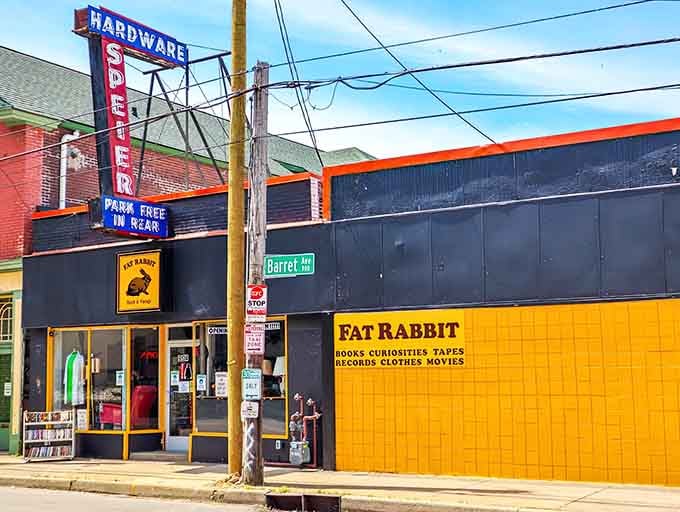 The cheerful yellow facade and quirky name promise an adventure&mdash;this isn't your average secondhand shop, folks.