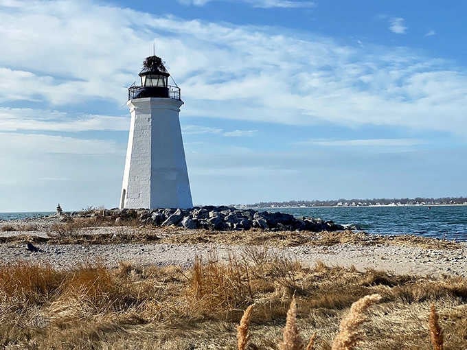 This elegant white sentinel rises from the beach like a scene from an old Cary Grant movie.
