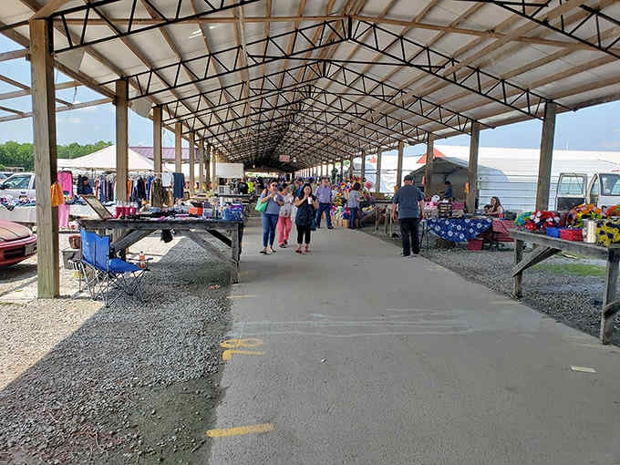 This covered pavilion protects shoppers from the elements while they browse tables loaded with surprises and unexpected treasures.
