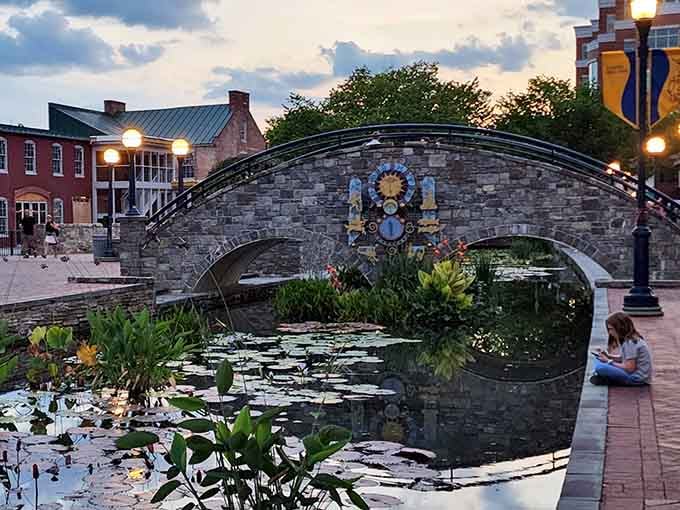 Frederick's decorative bridge and lily pond create an evening scene so lovely it belongs on a jigsaw puzzle box.