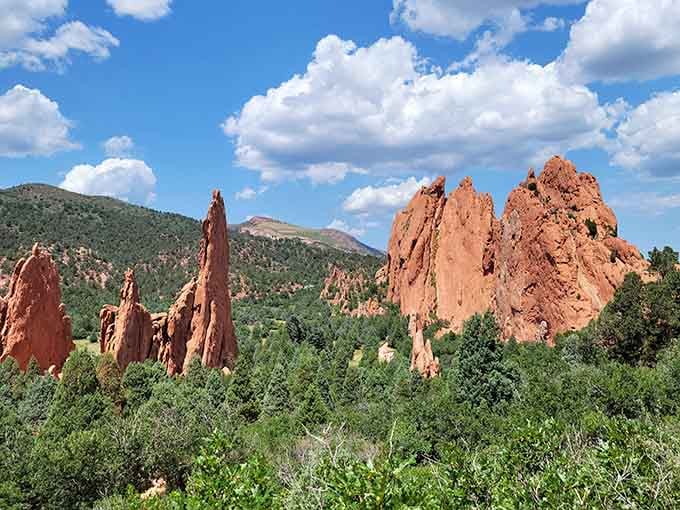 Red sandstone fins pierce the sky like nature's own cathedral, each formation a testament to millions of years.