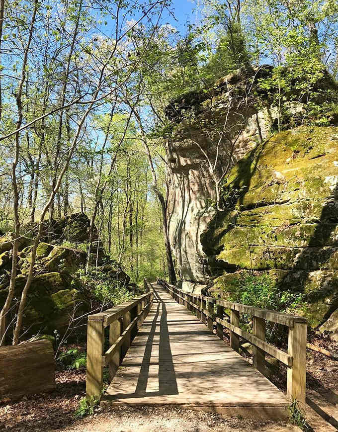 This peaceful boardwalk winds through towering cliffs like a scene from The Neverending Story, minus the flying dog.