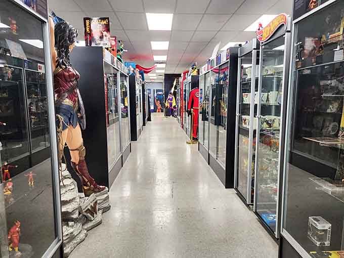 Row after row of superhero collectibles stand ready, like the world's most colorful and nostalgic honor guard.