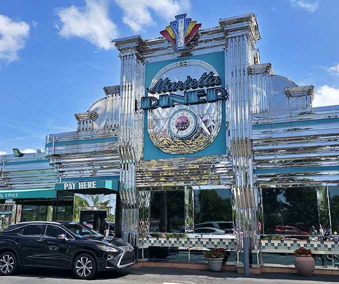 Chrome, neon, and Art Deco glamour announce a diner where portions are generous and desserts tower magnificently.