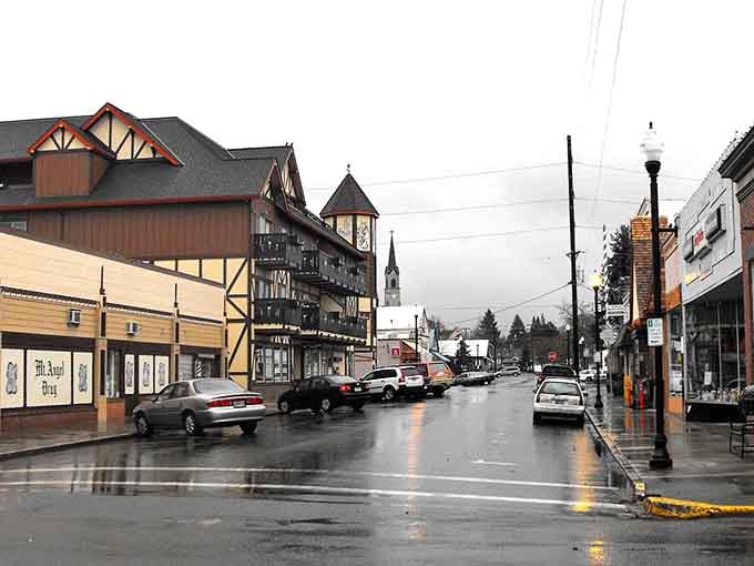 Bavarian timber-framing meets small-town Oregon charm on this rain-slicked street, complete with a church steeple for good measure.