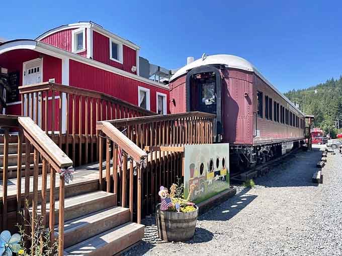 That vintage railroad car isn't a prop&mdash;it's your actual dining room, complete with original windows and authentic charm.
