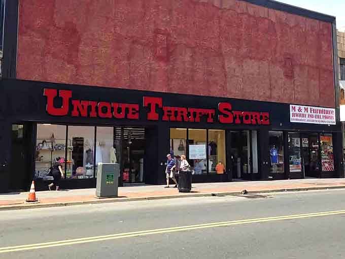 The dramatic red-on-black storefront design makes a bold statement that matches the incredible deals you'll discover inside those doors.