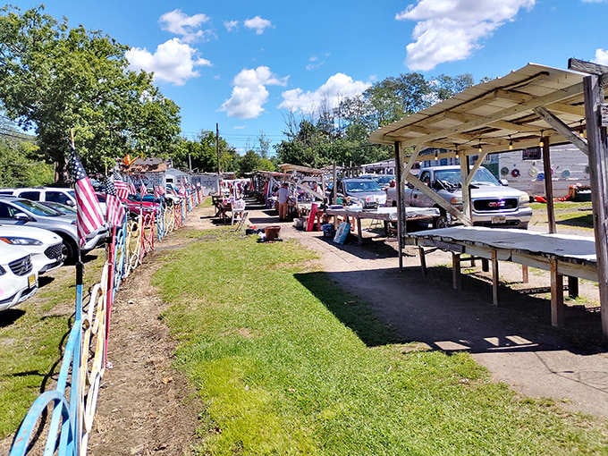 American flags flutter proudly along the fence line while vendors display their wares under sunny skies and simple awnings.