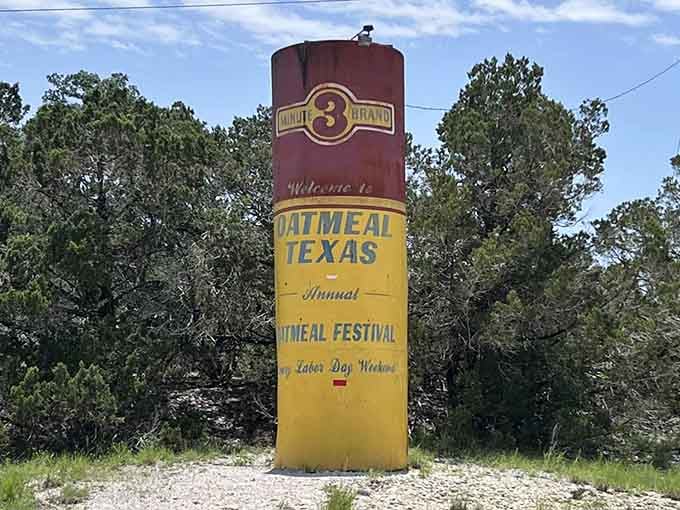 Standing tall among the trees, this vintage oatmeal canister celebrates a town name with delightful breakfast humor.