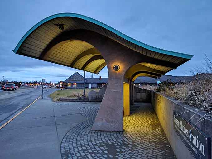 This futuristic pedestrian tunnel looks like something from The Jetsons landed in a beach town parking lot.