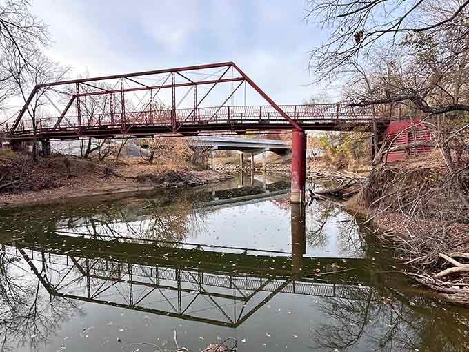 This rusty red bridge reflects perfectly in still waters, doubling the eerie beauty of the legendary crossing.