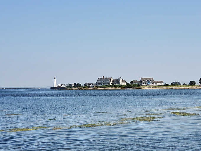 The lighthouse stands sentinel over calm waters where elegant homes enjoy million-dollar views every morning.