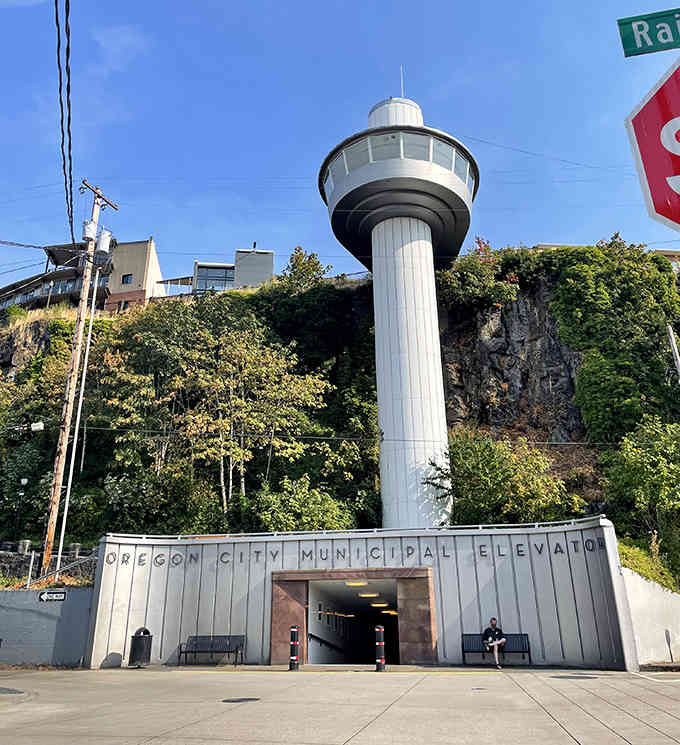 This space-age tower rising from the cliff looks like something George Jetson would ride to work every single morning.