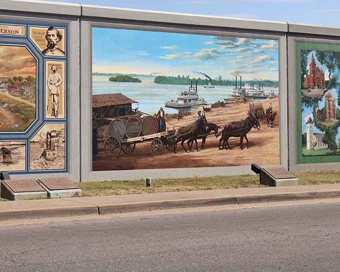 Riverboats and horse-drawn wagons come alive on this floodwall, telling stories that textbooks could never capture quite right.