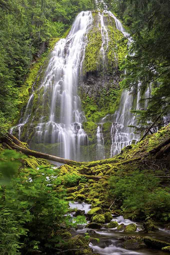 Moss-covered cliffs frame this ethereal waterfall that cascades down like a bridal veil made entirely of pure mountain water.