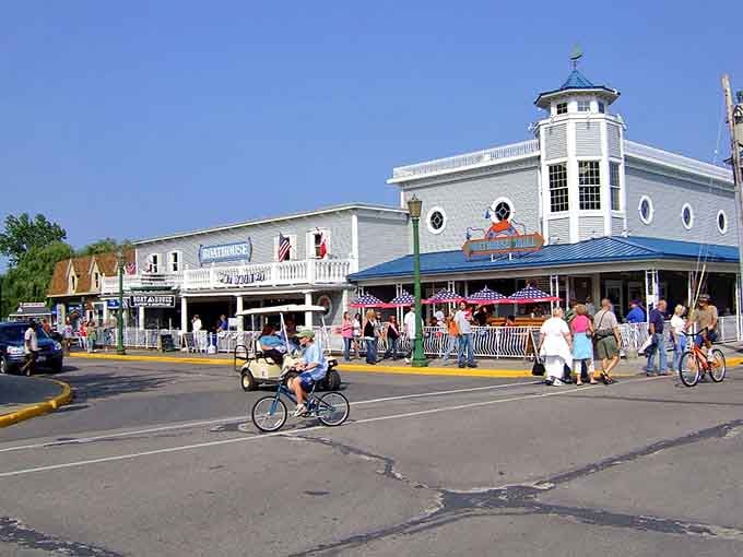 Golf carts and bicycles cruise past the nautical-themed pavilion where summer fun never really goes out of style.
