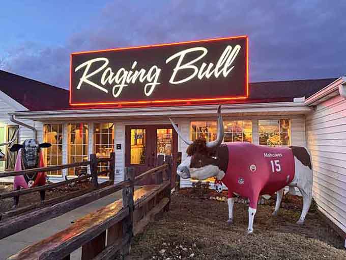 When a restaurant puts decorated bulls wearing jerseys outside, you know they're confident about what's cooking on those grills within.