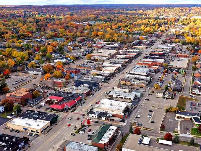 From above, autumn transforms this classic downtown into a tapestry of orange, gold, and crimson brilliance.