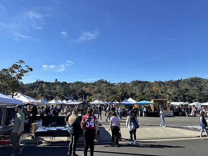 Rolling hills frame this sprawling market where hundreds of vendors gather under California's endless blue sky.