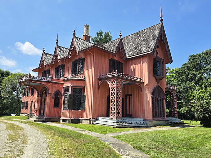 This pink Gothic cottage looks like something from a Victorian fairy tale come to life in Connecticut.