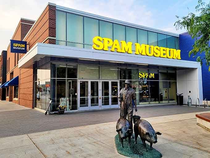 Those giant yellow letters announce a museum dedicated to canned meat, and yes, it's actually worth visiting.