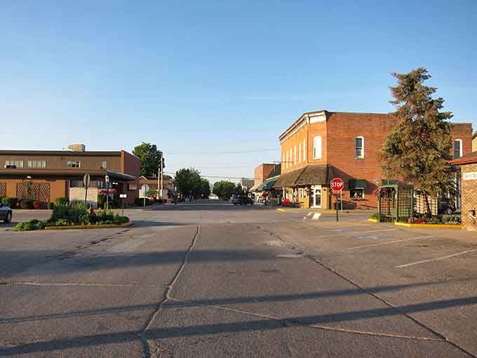 Shipshewana's wide intersection shows off simple brick buildings where tradition still guides daily commerce.