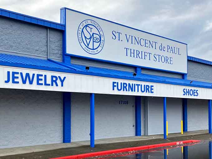 The crisp blue and white signage announces exactly what's inside: jewelry, furniture, shoes, and countless other treasures waiting patiently.