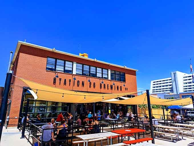 Former fire station turned brewery paradise, complete with garage doors that open to sunshine, cold beer, and community spirit.
