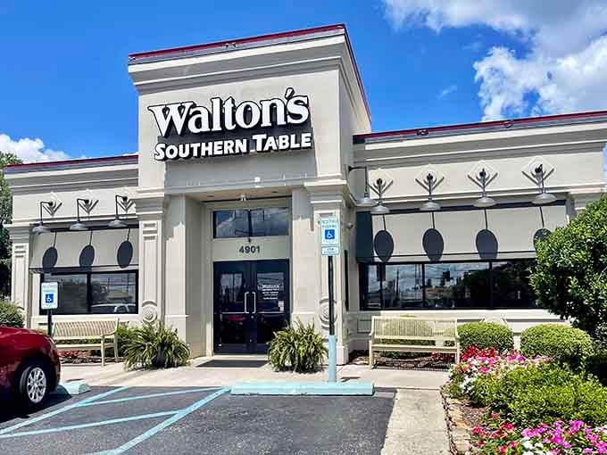 Clean lines and welcoming benches outside promise the kind of Southern hospitality that makes every meal feel special inside.