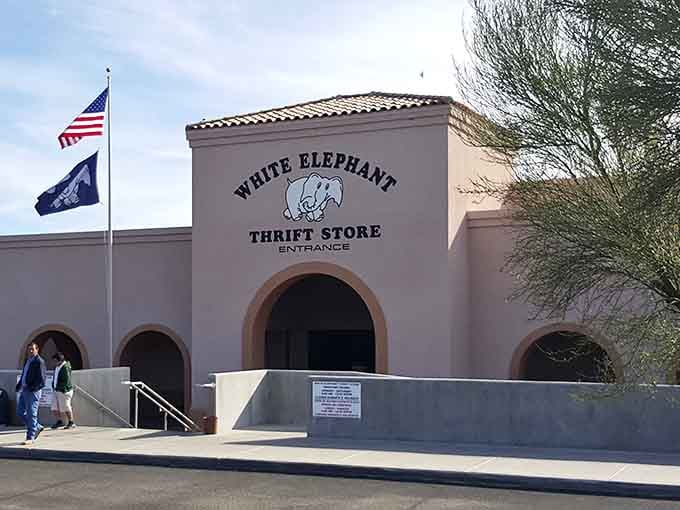 Flags flying high above the arched entrance signal patriotic pride and a commitment to serving the local community.